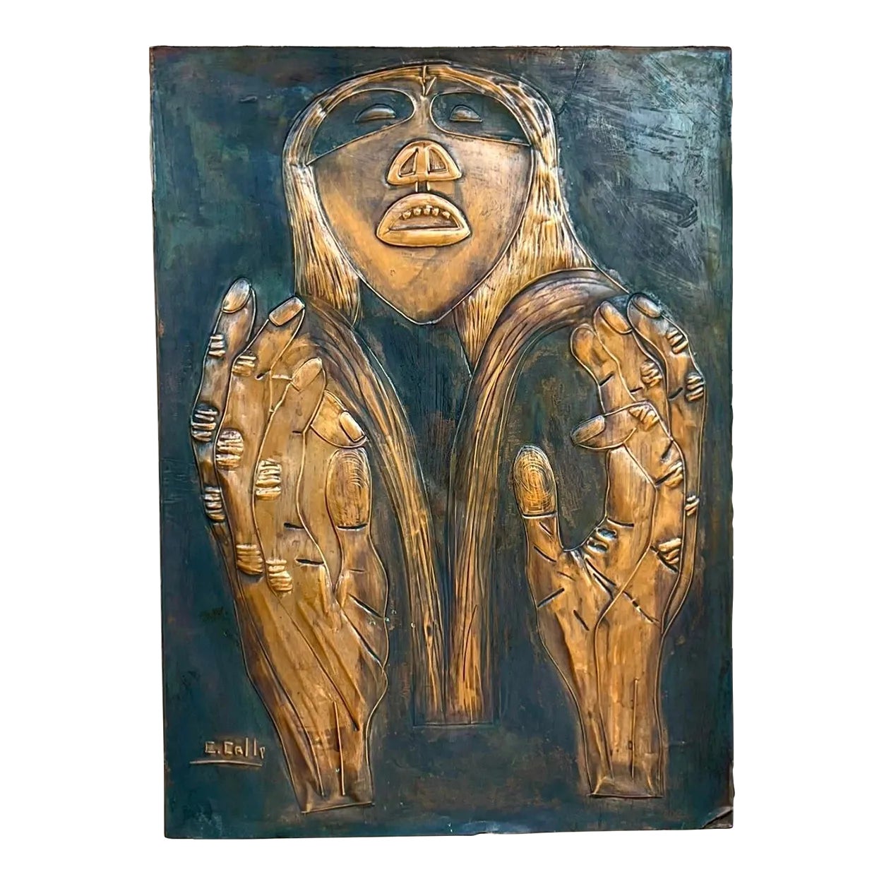 Vintage Signed Hand Hammered Copper Face | Chairish