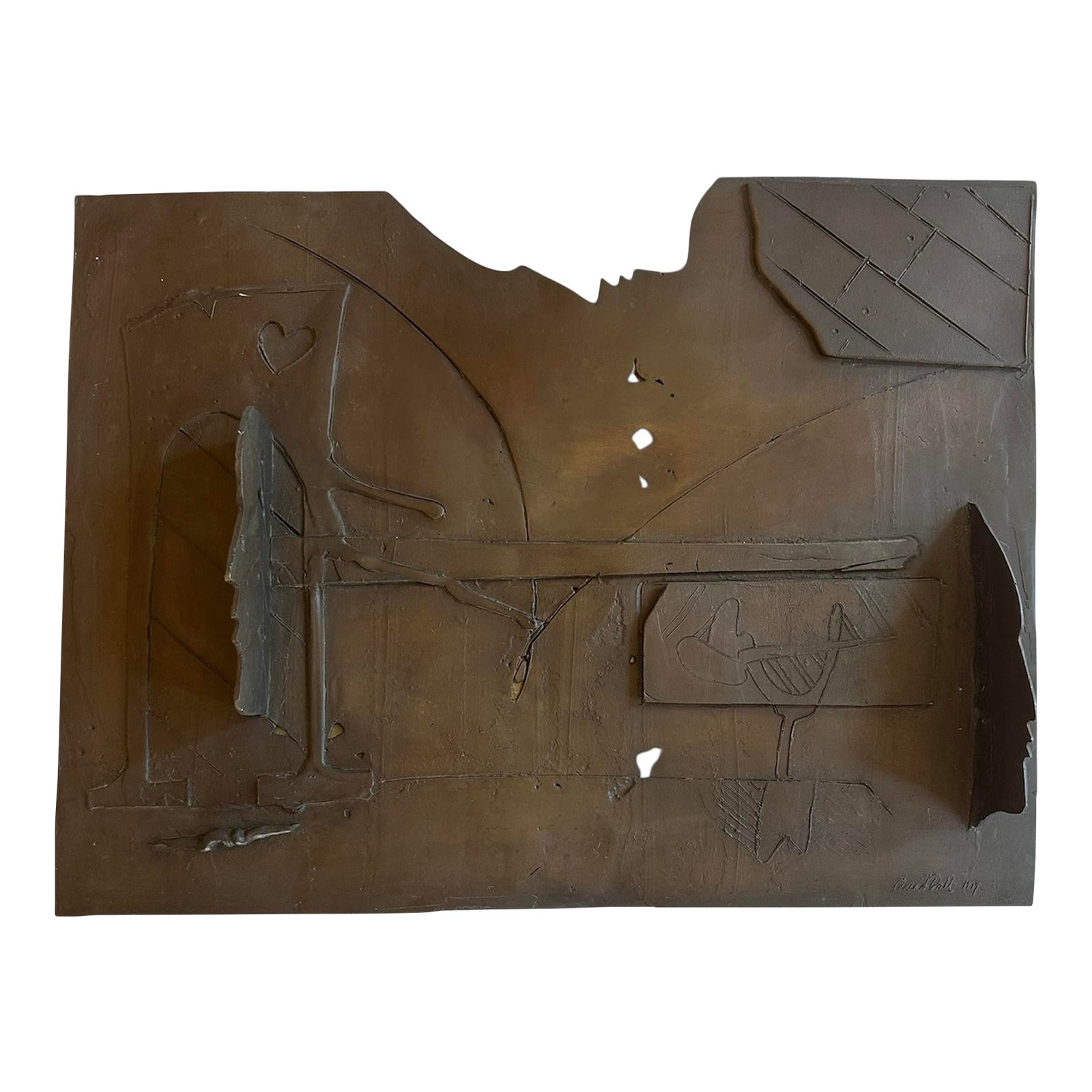 1970s Signed Vintage Brutalist Bronze Relief Sculpture Wall Art | Chairish