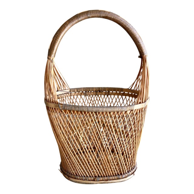 Late Mid-Century Open Weave Rattan Reed & Twine Oval Handled Basket ...