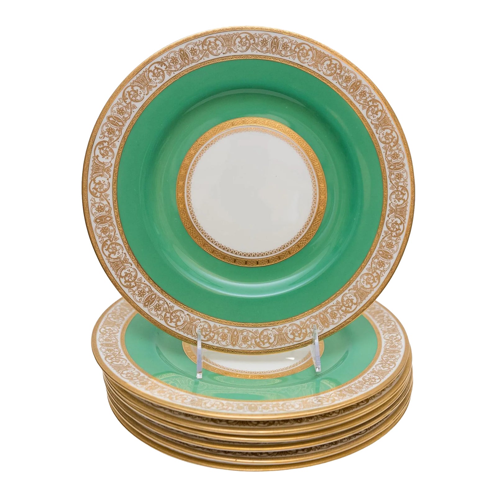 Seven Custom Antique Dinner Plates, Fine Gold Design on Green Ground ...