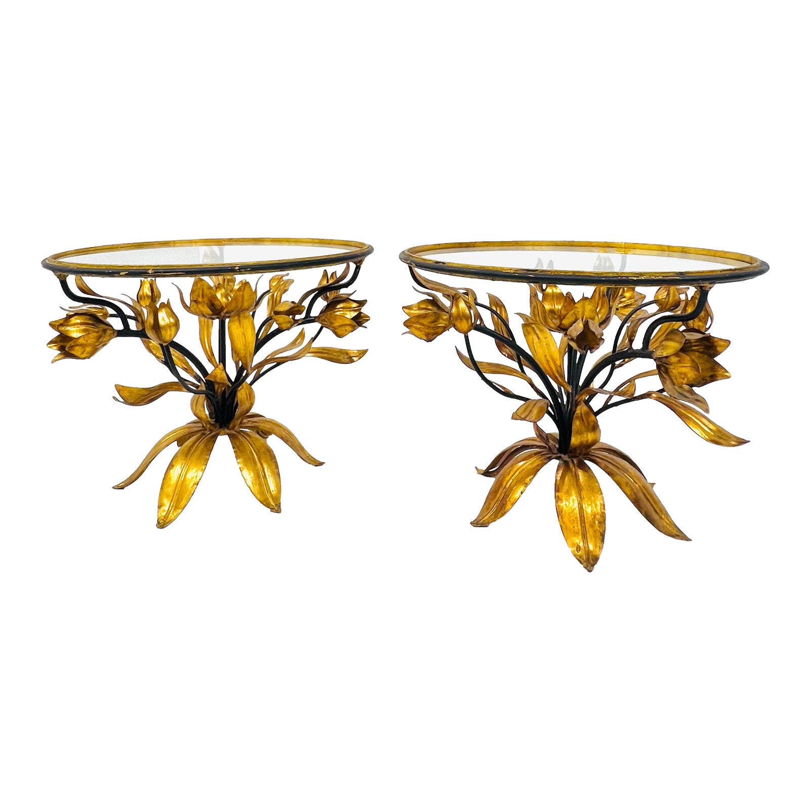 1960s Pair of Vintage Gilt Metal Flower Side Tables | Chairish