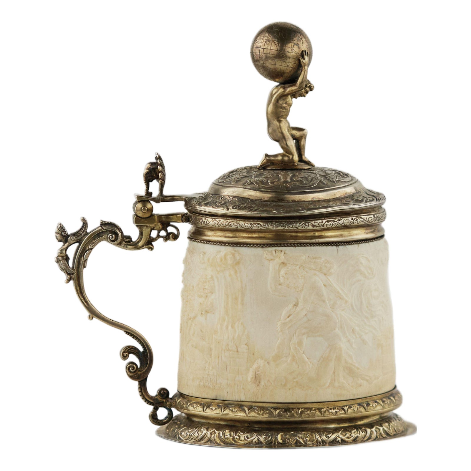 Silver Beer Tankard with Atlas and Carved Ivory Religious Scenes from ...