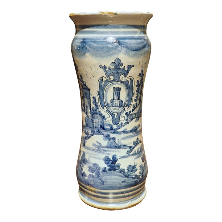 Italian Blue and White Albarello Jar With Cartouche and Landscapes ...