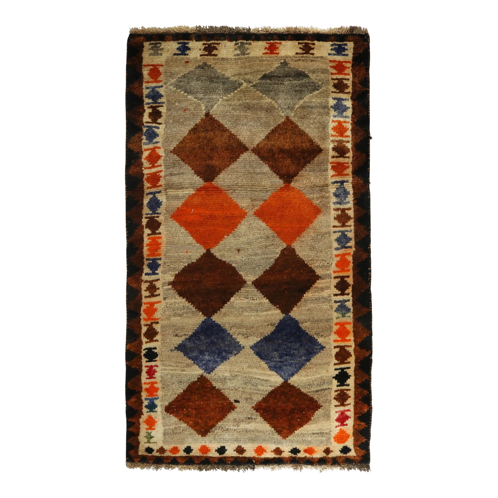 1950s Vintage Gabbeh Tribal Runner in Gray With Brown, Orange & Blue ...