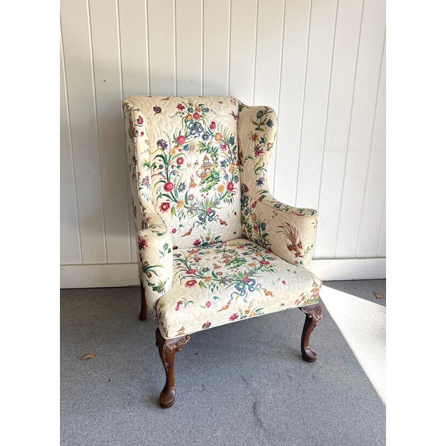 Asian-Print Quilted Floral Wingback Chair | Chairish