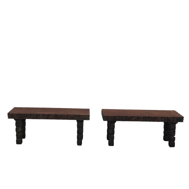 Pair of 1960’s Polynesian Mayan Influenced Hand Carved Wooden Benches ...
