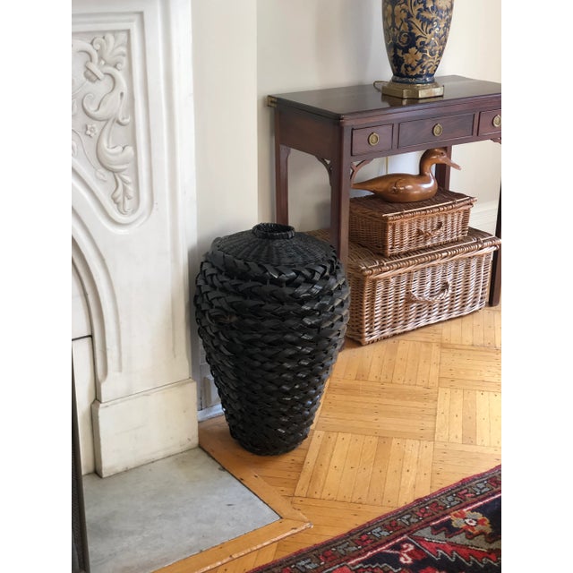 Vintage Black Lacquered Rattan Floor Vase | Chairish