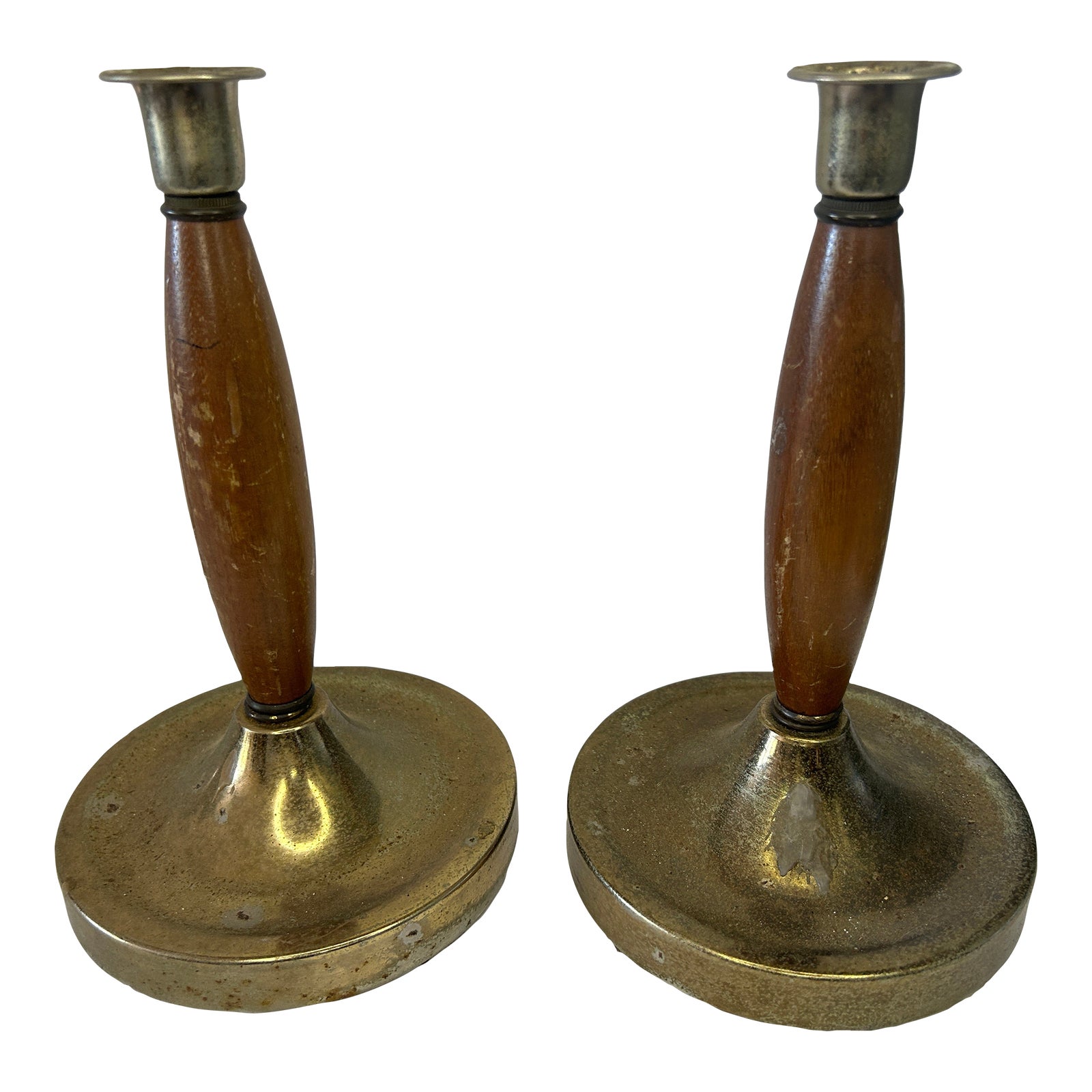 Vintage Pair of Brass & Teak Candlesticks, C. 1950s-60s | Chairish