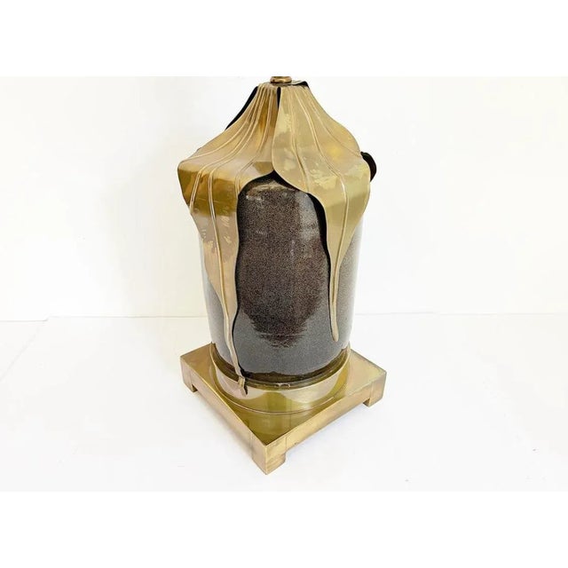 1970s Oversize Chocolate Ceramic & Brass Leaves Lamp & Shade | Chairish