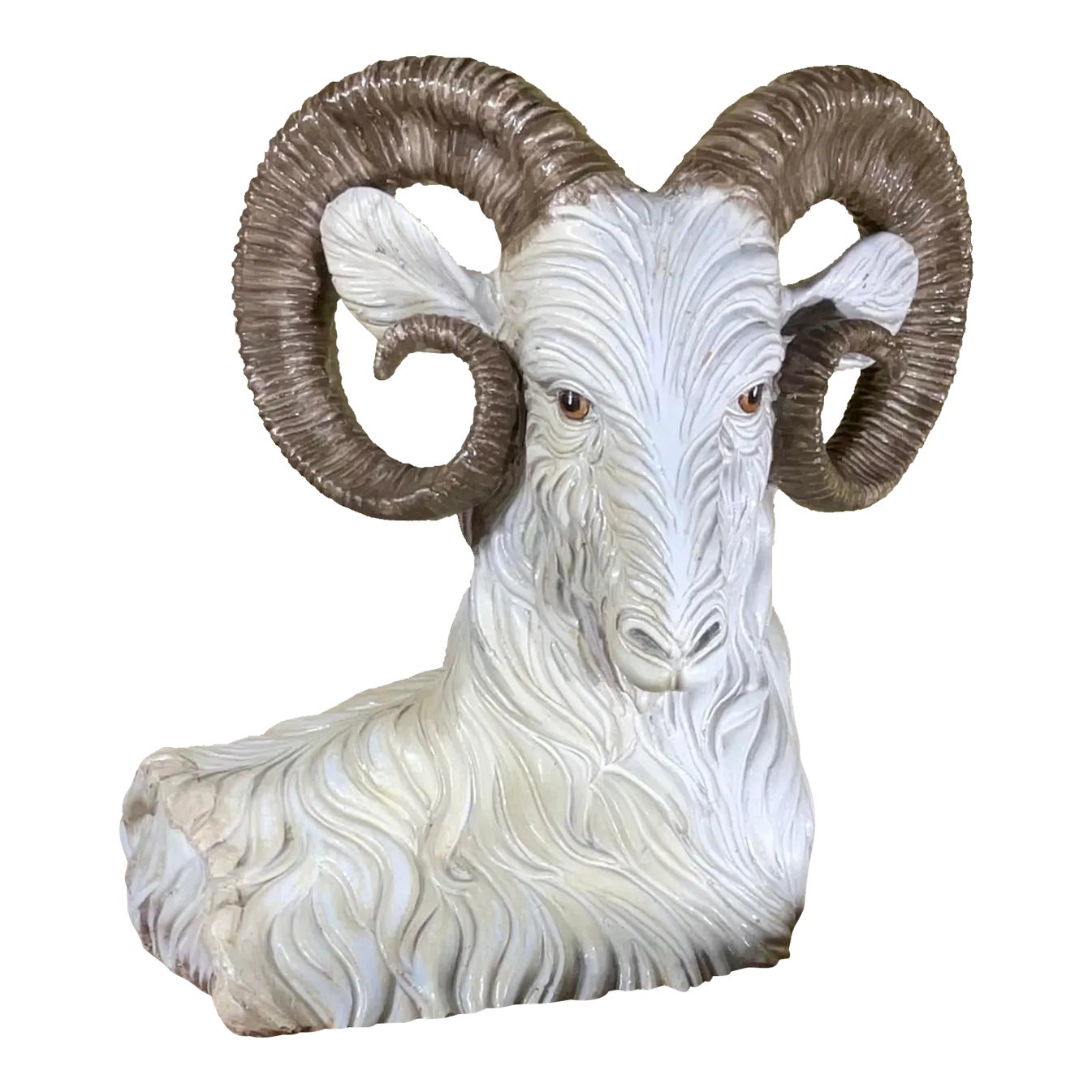 Large Italian Hand Painted Ceramic Ram Head Sculpture 1950s | Chairish