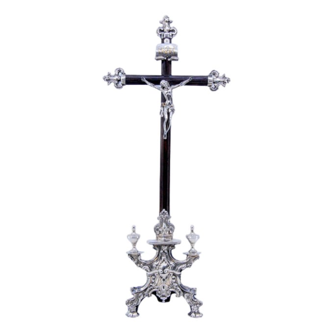 Christian Crucifix in Rosewood with Jesus in Silver on Feet | Chairish