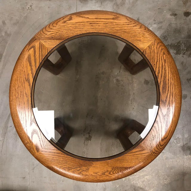 Vintage 1980's Round Solid Oak Side Table With Beveled Smoked Glass | Chairish