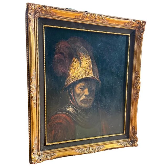 Framed Man in the Golden Helmet Oil on Board Painting | Chairish