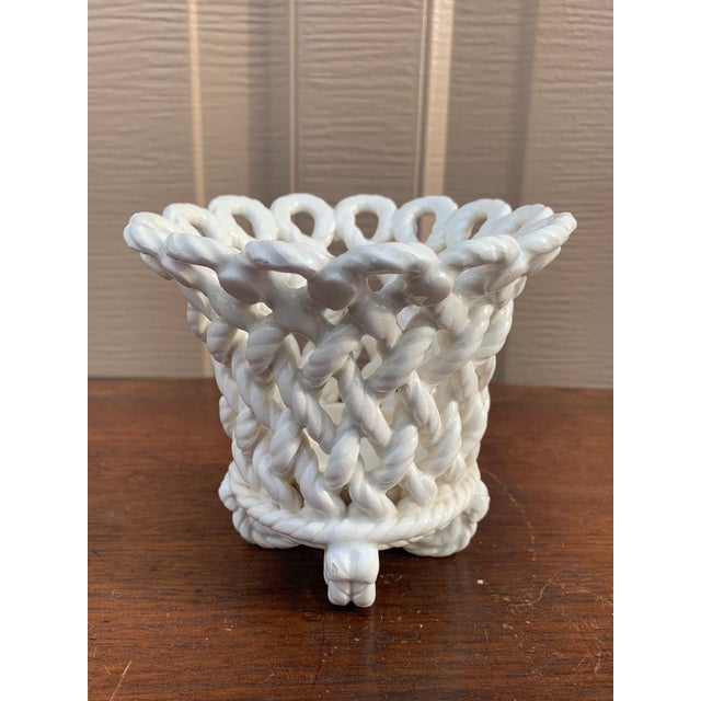 French Country White Ceramic Woven Rope Cachepot Basket | Chairish