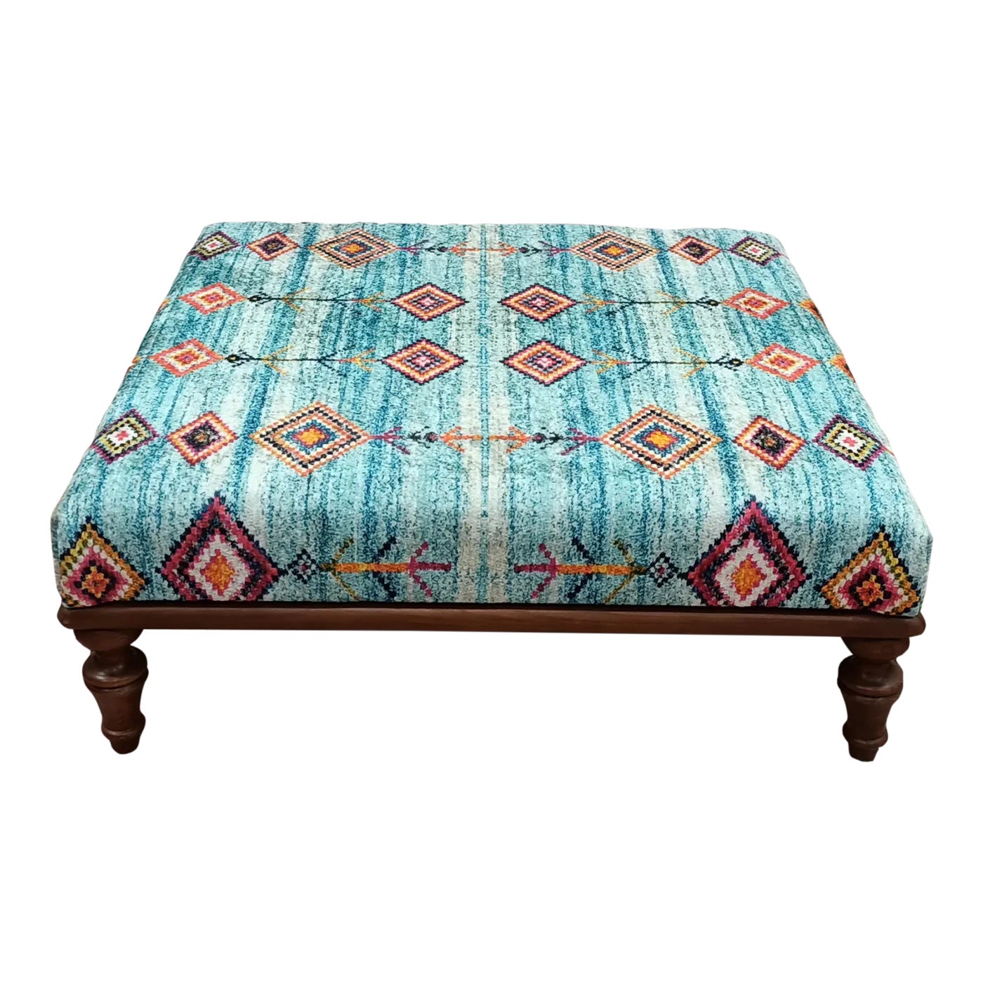 Blue Rug Print Fabric Upholstered Soft Top Square Coffee Table Ottoman ...
