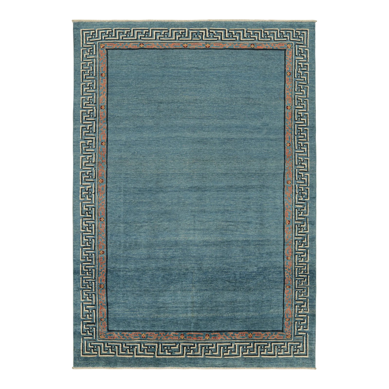 Rug & Kilim’s Art Deco Style Rug With Light Blue Open Field & Geometric ...