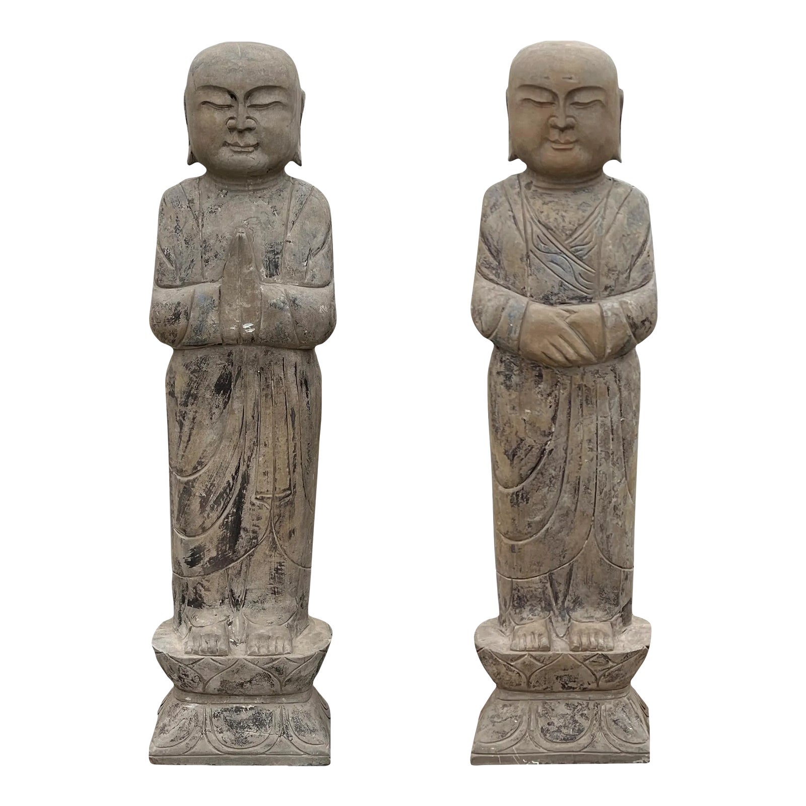 Pair Chinese Stone Carved Standing Zen Garden Monk Lohon Statues | Chairish