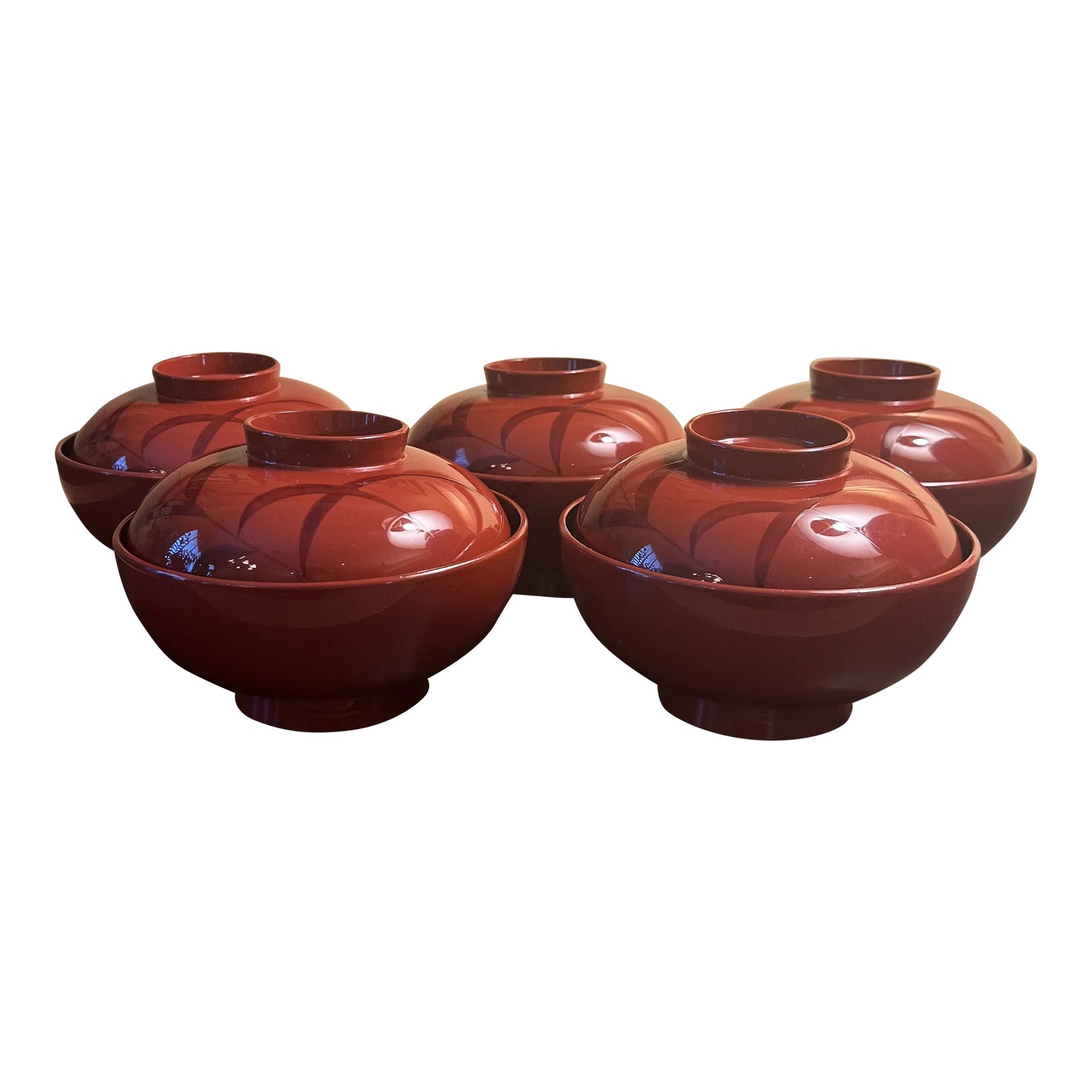 Early 21st Century Japanese Lacquer Ware Rice Bowls With Lids- Set of 5 ...