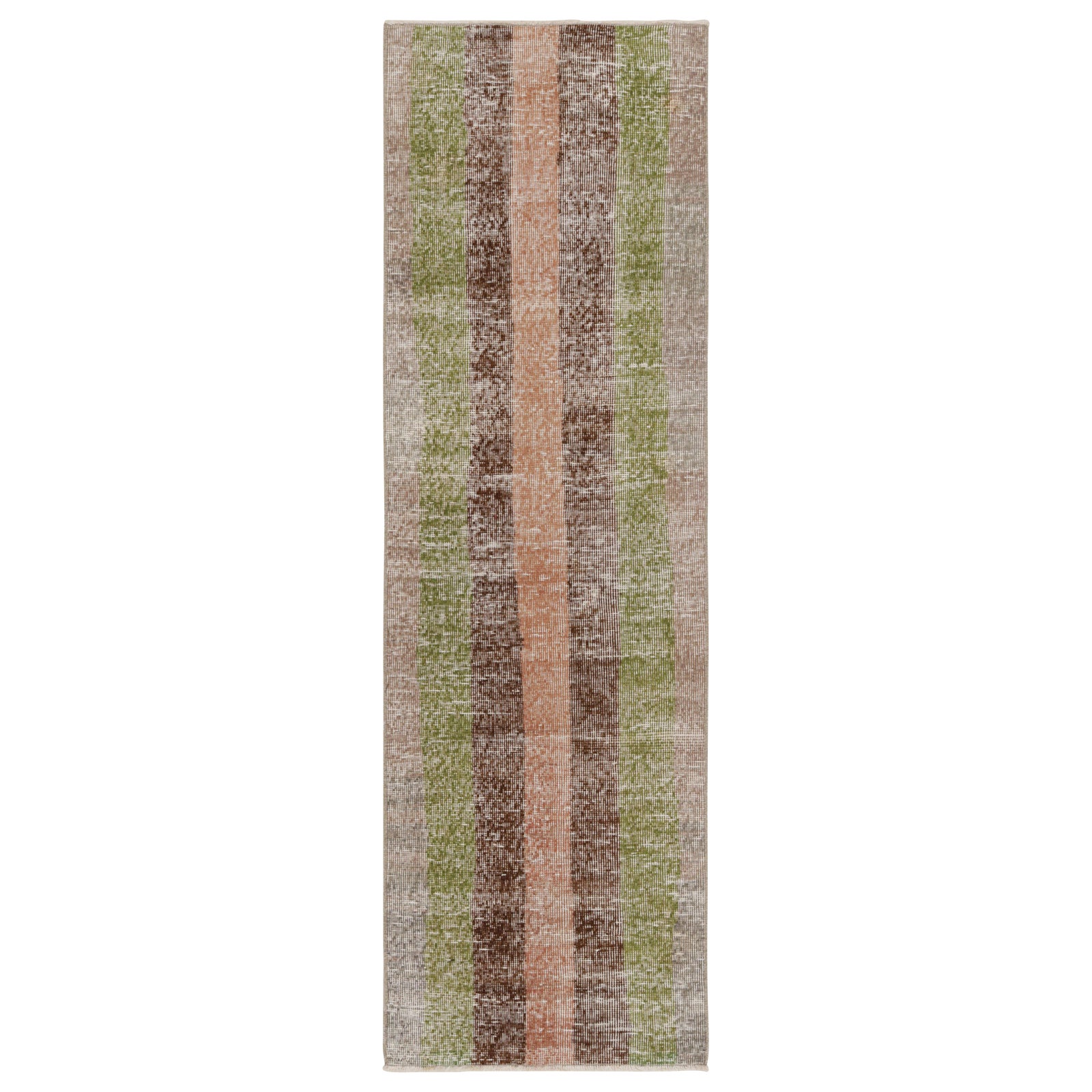 1960s Vintage Distressed Runner in Rust, Beige-Brown and Green Stripes ...