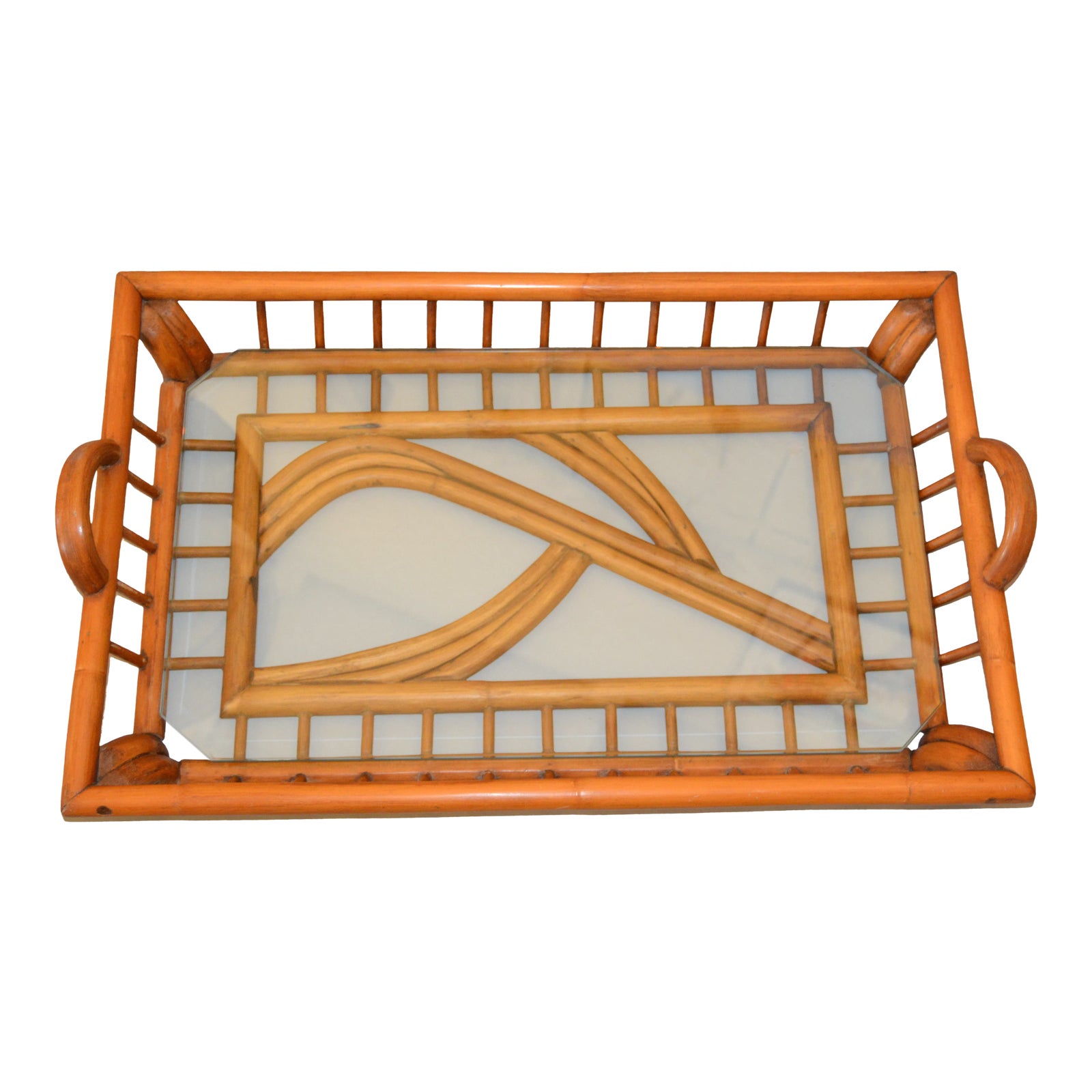 40s Boho Chic Handcrafted Bamboo Wood & Glass Table Tray, Serving Tray ...