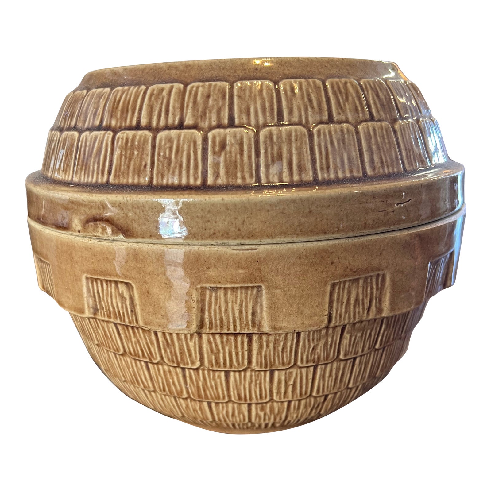 Mid 20th Century Round Lidded Pottery Bowl With Shingles Pattern | Chairish