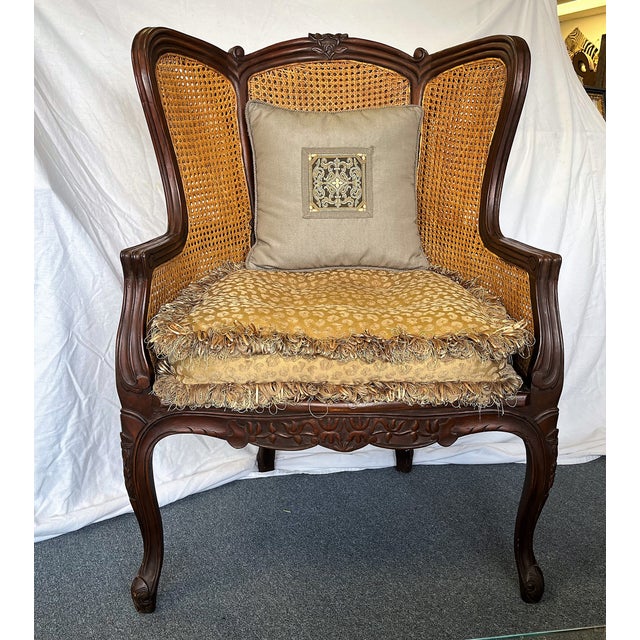 Vintage Double Caned Carved Wood Wing Chair With Cushion and Pillow ...