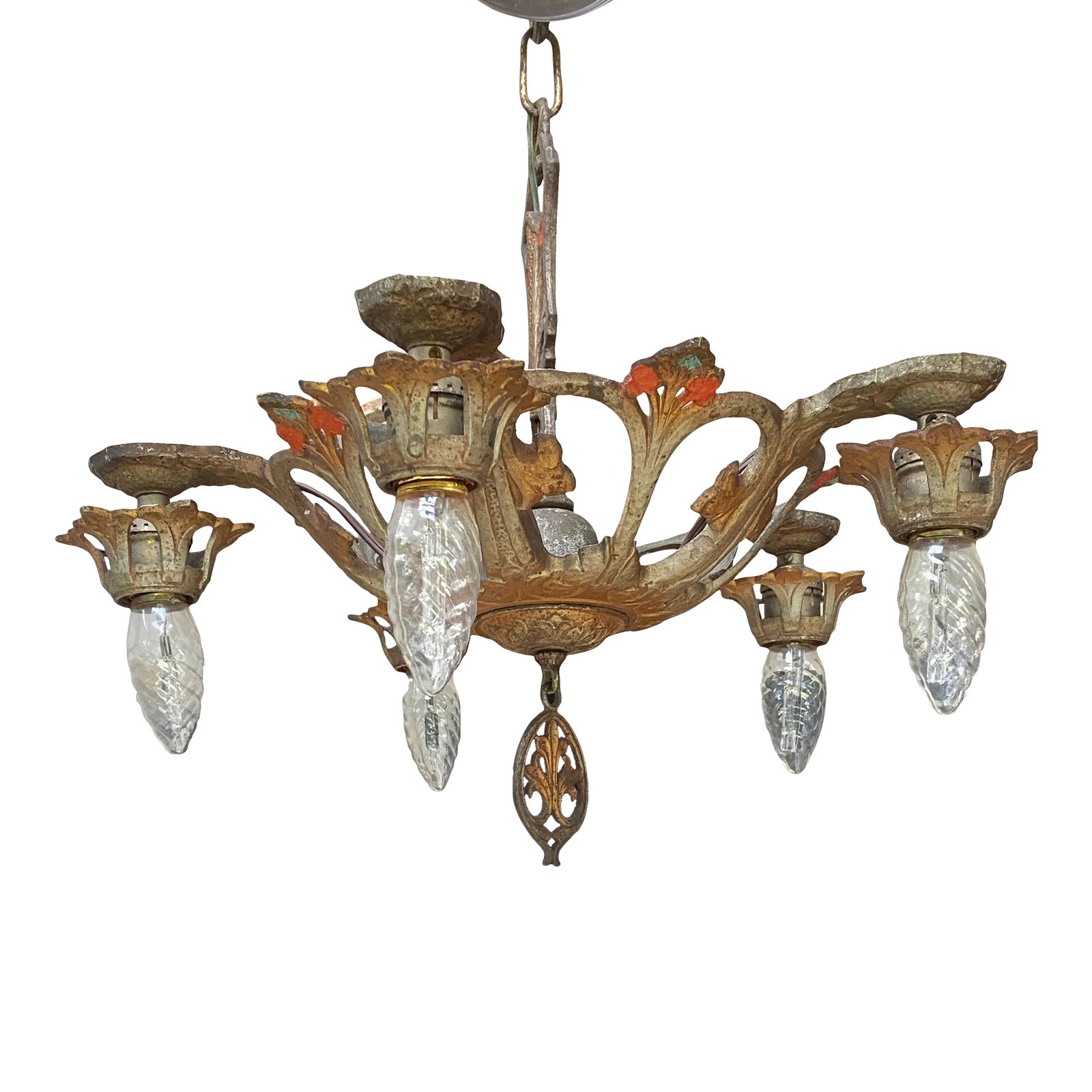 1930 Art Deco 5-Lights Cast Iron Polychrome Ceiling Fixture, Markel or ...