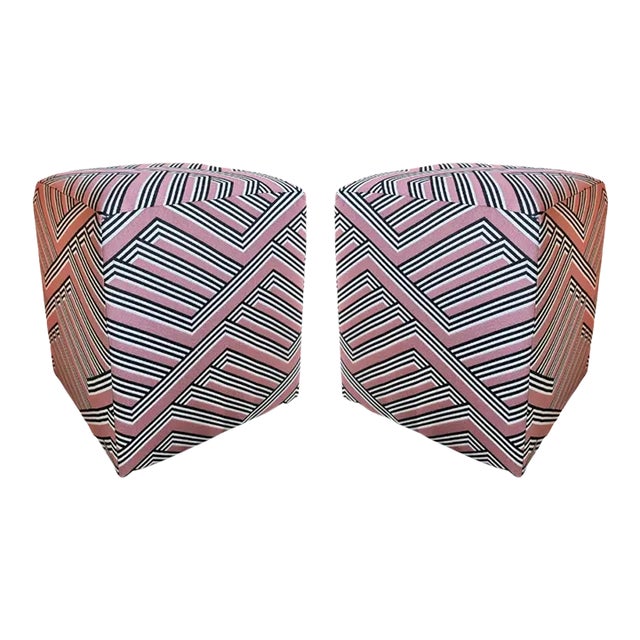 Modern Graphic Pink Ottomans, a Pair | Chairish