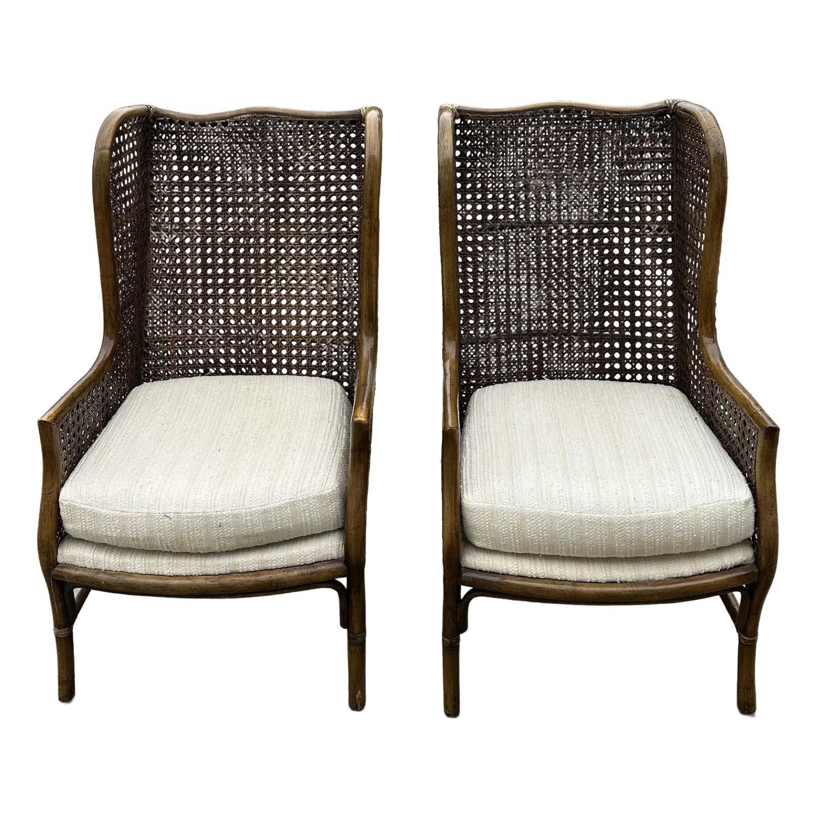 Pair of Vintage Boho Chic Double Cane Wing Chairs | Chairish