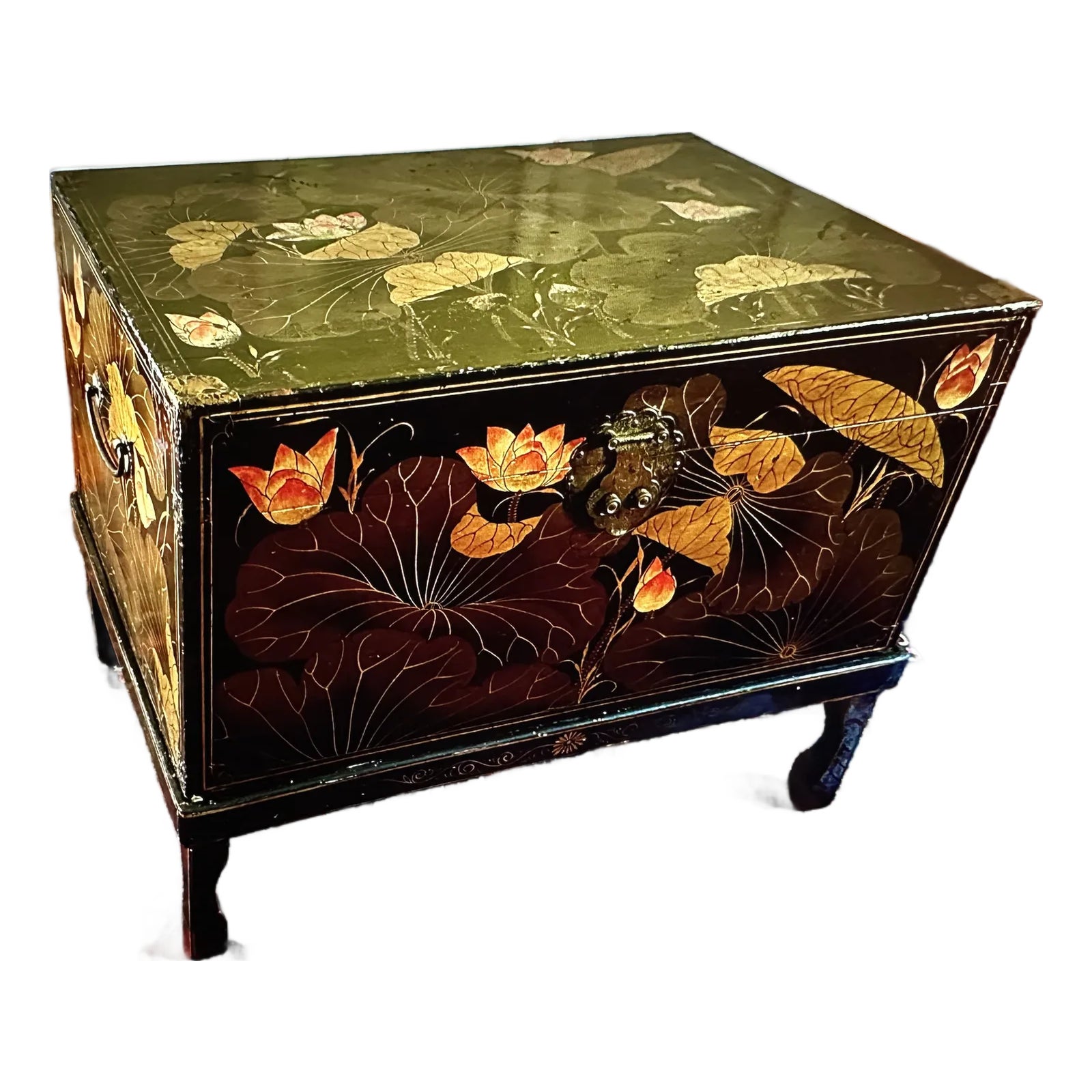 Antique Chinese Black Lacquered Chest With Painted Lotus Flowers | Chairish