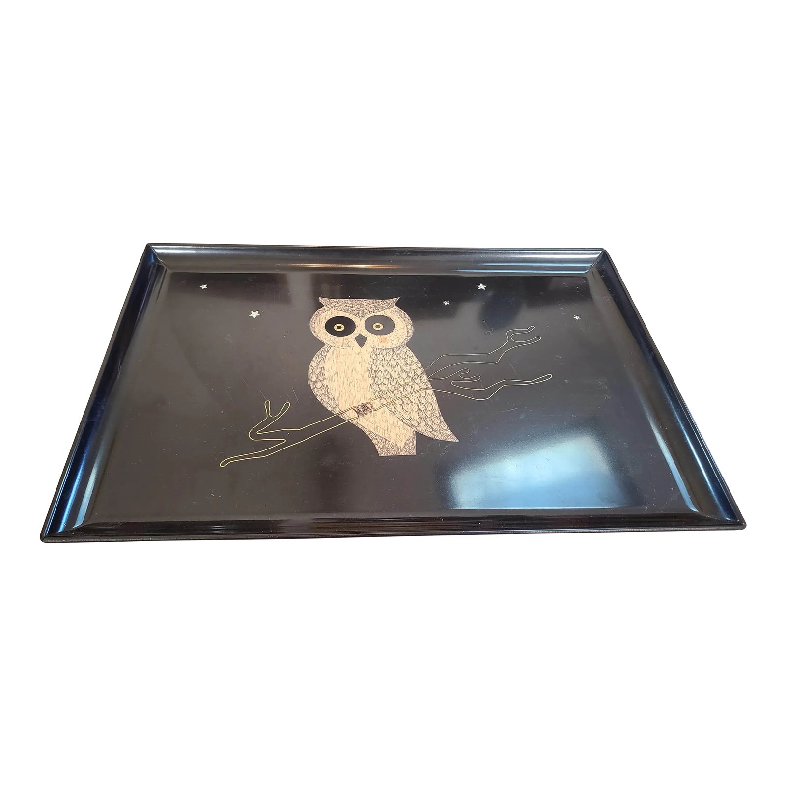 1960s Couroc of Monterey Black Resin Owl Tray | Chairish