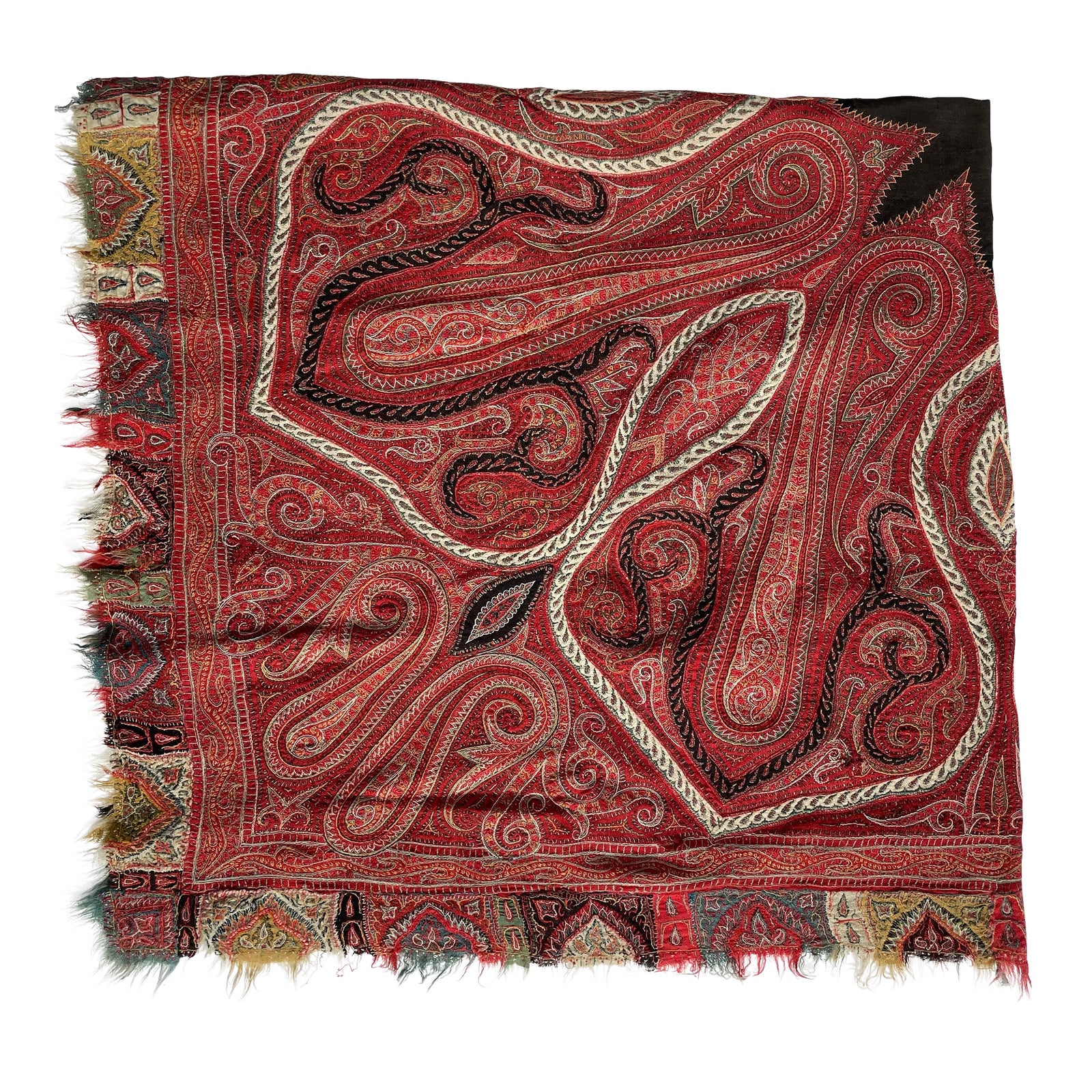 19th Century Hand-Embroidered Wool Paisley Piano Shawl Throw | Chairish