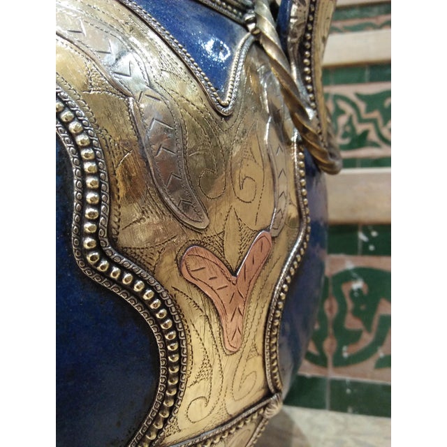 Moroccan Blue Pottery Vase With Yellow Brass and Red Copper ,Handmade ...