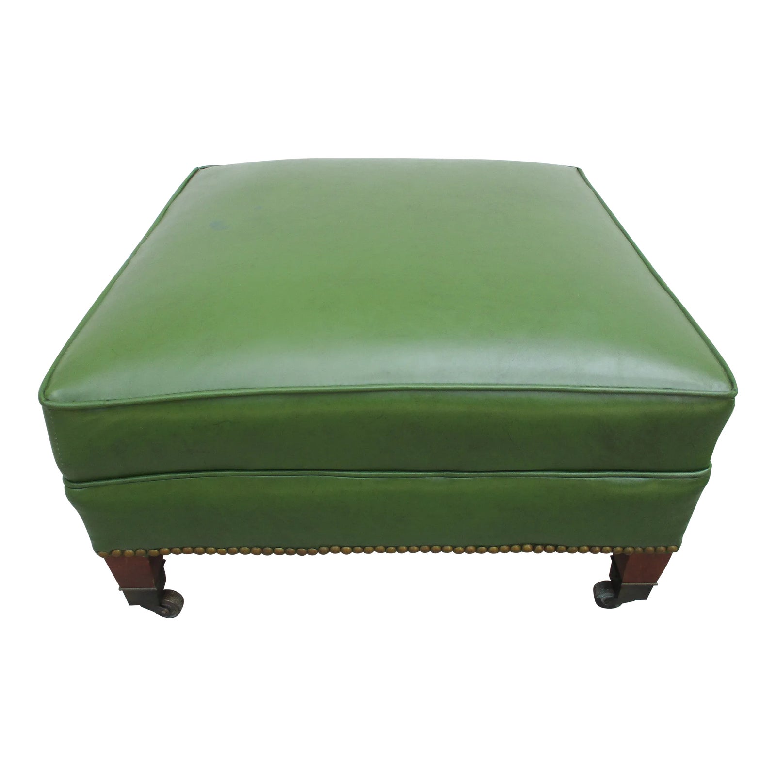 50s Square Olive Green Vinyl Footstool Brass Tacks And Casters Chairish