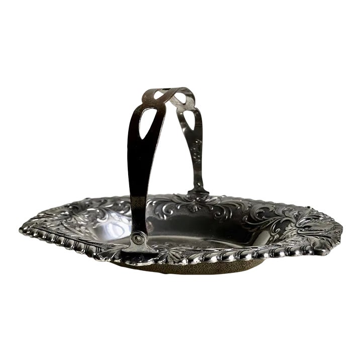 Late 20th Century Japanese Chrome Swing Handle Scrolled Dish | Chairish