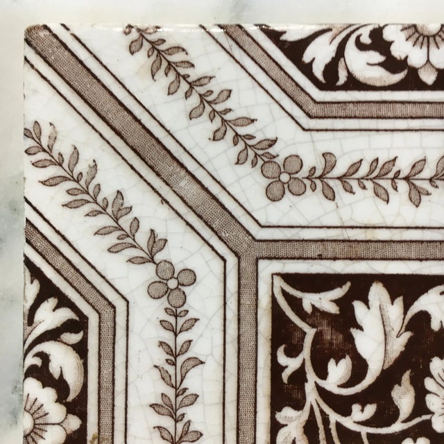 1880s Victorian Aesthetic Movement Floral Center Brown Tile | Chairish