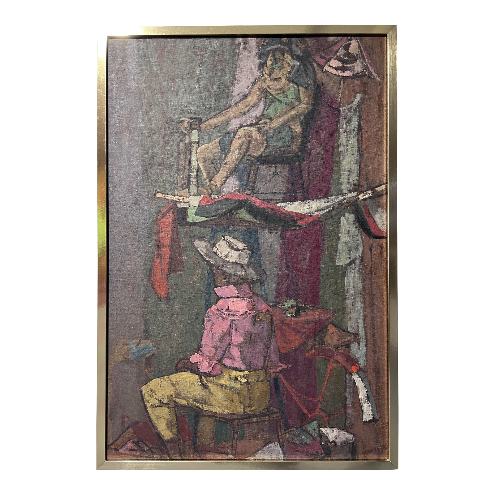 Large Original Vintage Oil Painting on Canvas, Figures, Framed, Signed ...