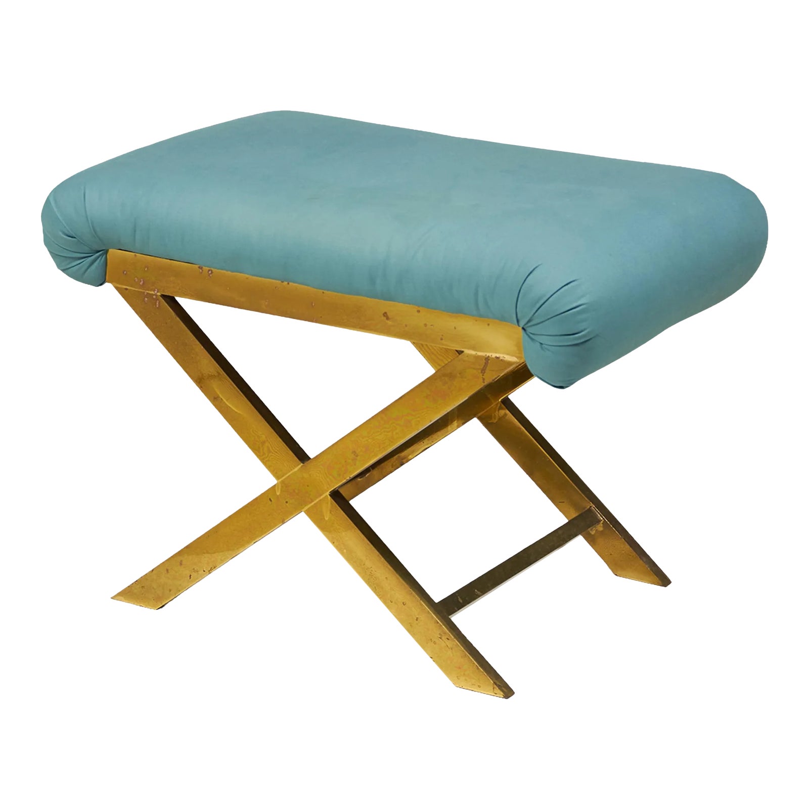 Mid-Century Brass and Teal Cotton Upholstered X-Bench | Chairish