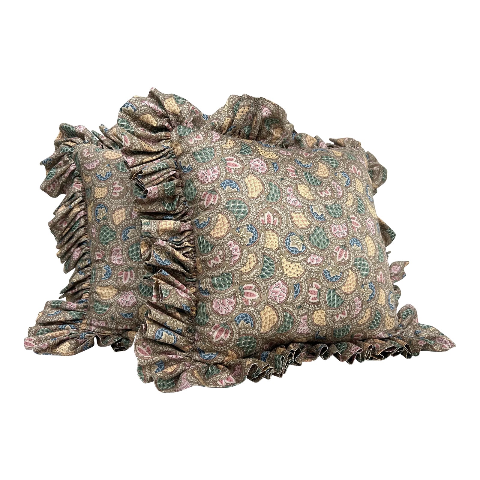 Vintage Handmade Large Square Ruffle Pillows-A Pair | Chairish