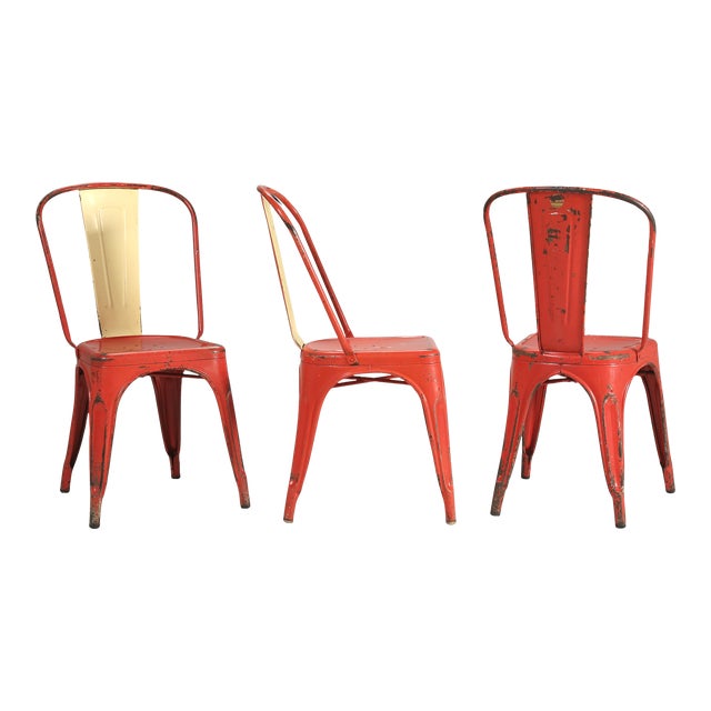 Vintage French Tolix Steel Stacking Chair- Red & Beige | Chairish