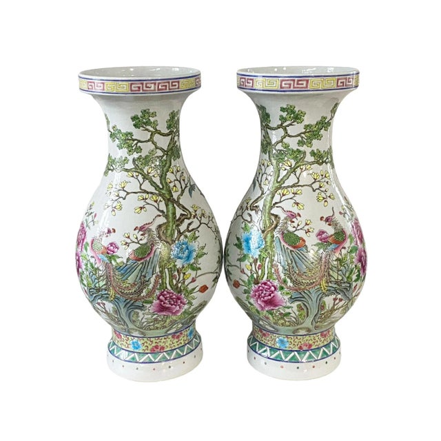 Chinoiserie Hand Painted Famille Rose Phoenix Vases /Pair 21" H | Chairish