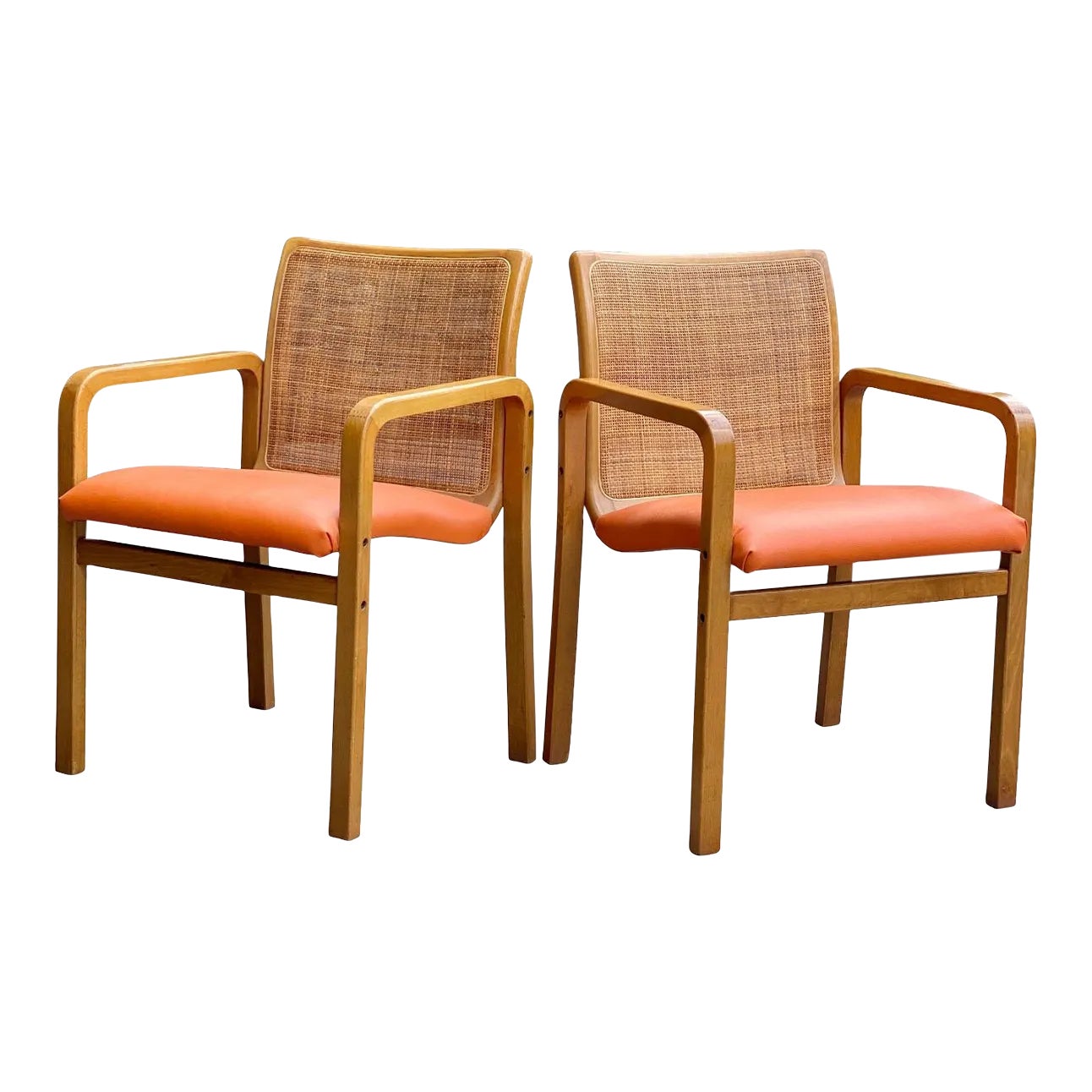 Mid-Century Boho Bentwood Cane Back Sculpted Orange Club Chairs - a ...