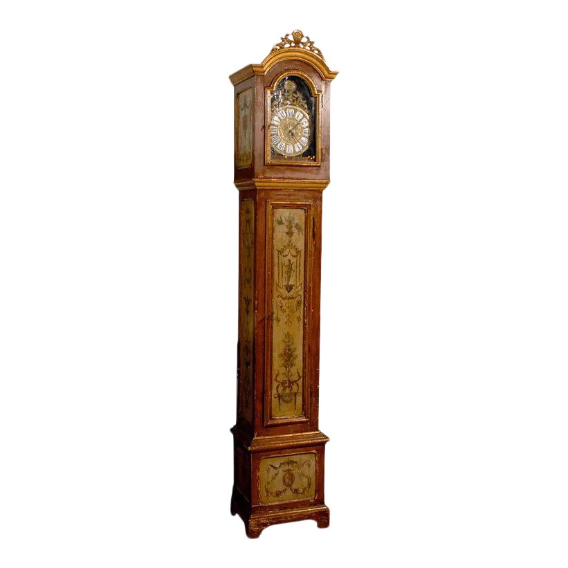 19th Century French Longcase Painted Clock with Carved Crest | Chairish