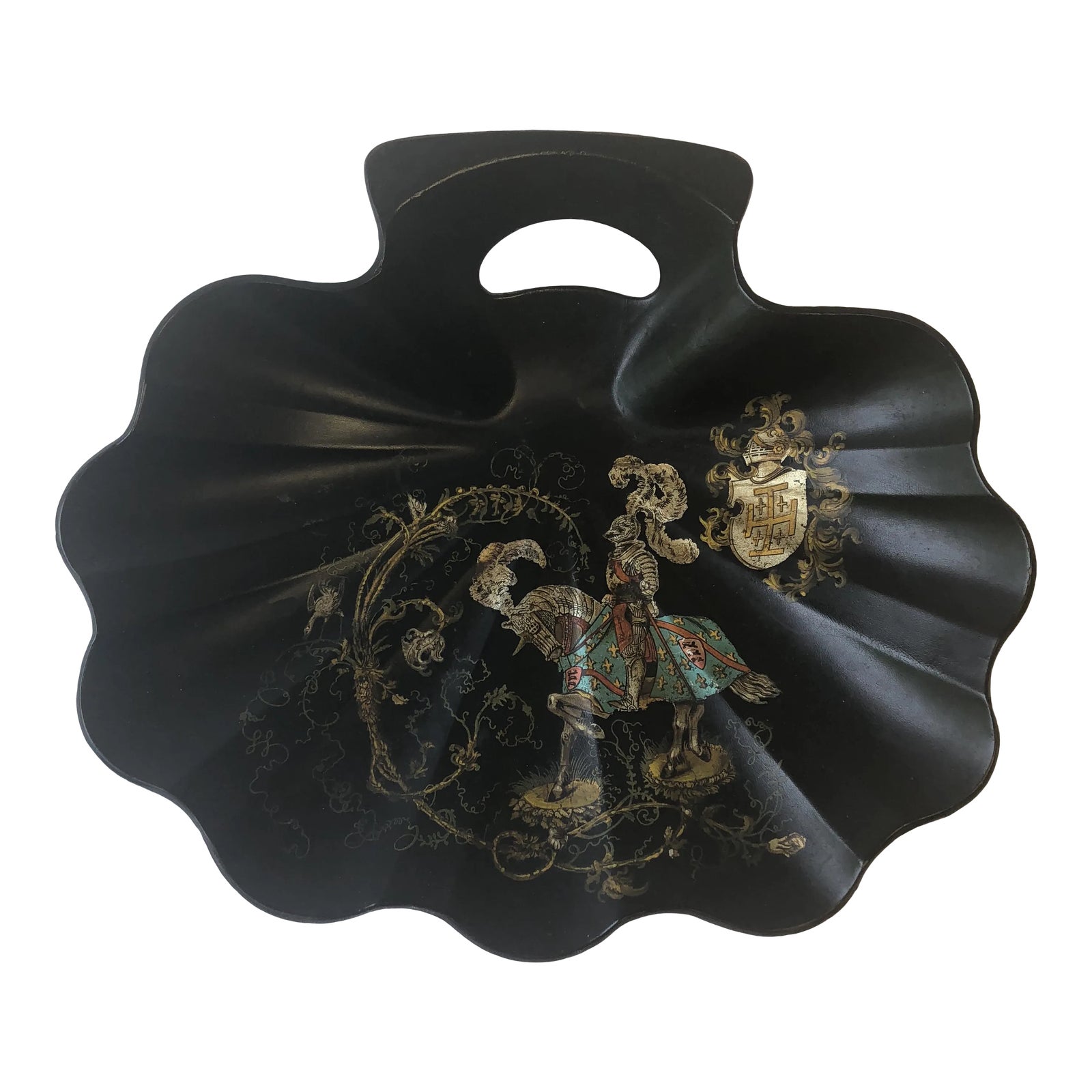 1940s Traditional Black Paper Mache Lacquered Knight & Shield Tray ...