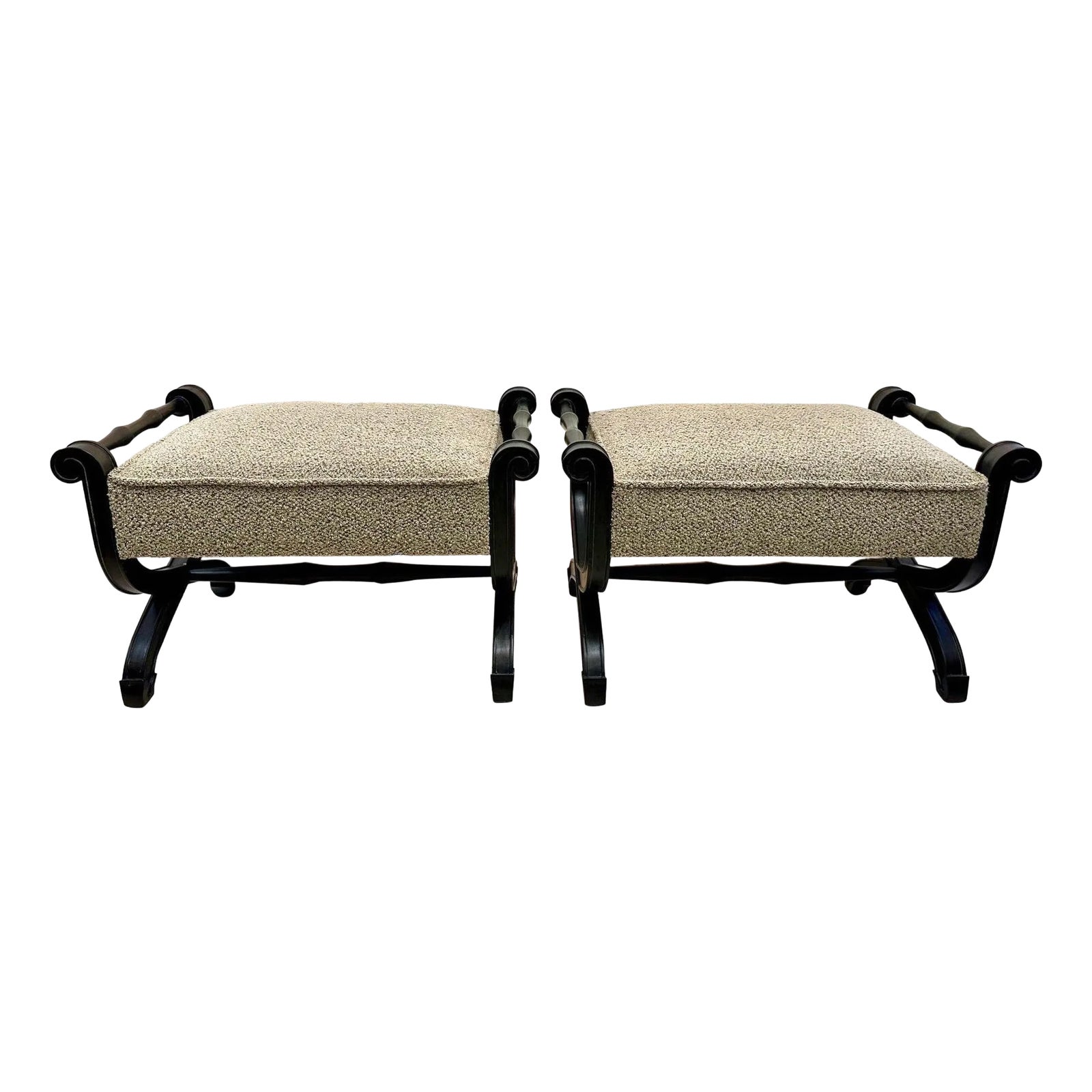 1950's Scrolled Carved Ebonized Wood Frame Benches/ Ottomans, Pair ...