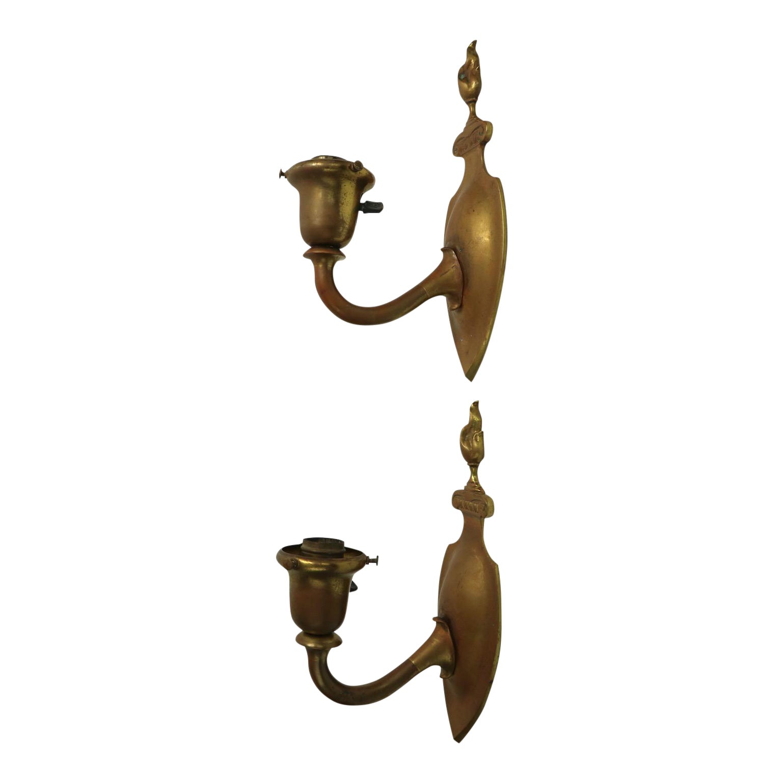 1920s Brass Flame Back Sconces - a Pair | Chairish