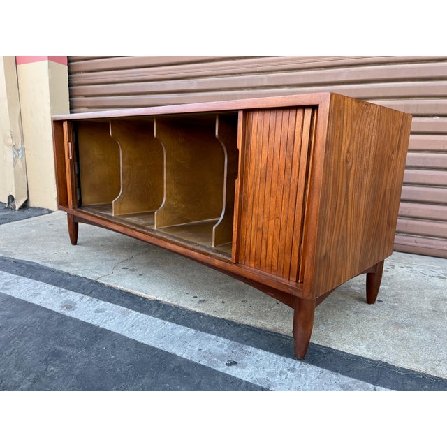 1960s Vintage Mid Century Modern Walnut Tambour Door Record Cabinet ...