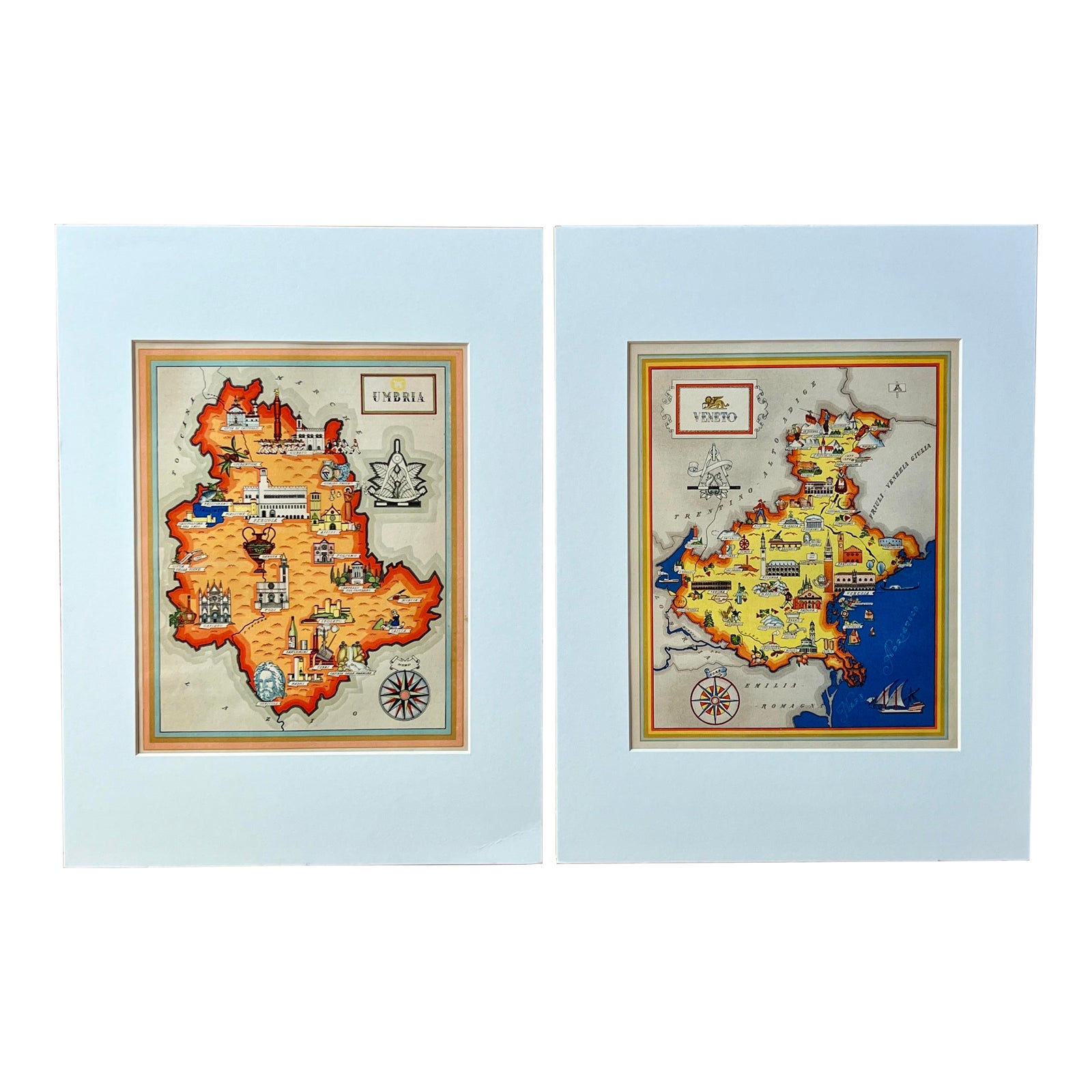 1950s Regions of Italy Maps, Umbria and Veneto - Set of 2 | Chairish