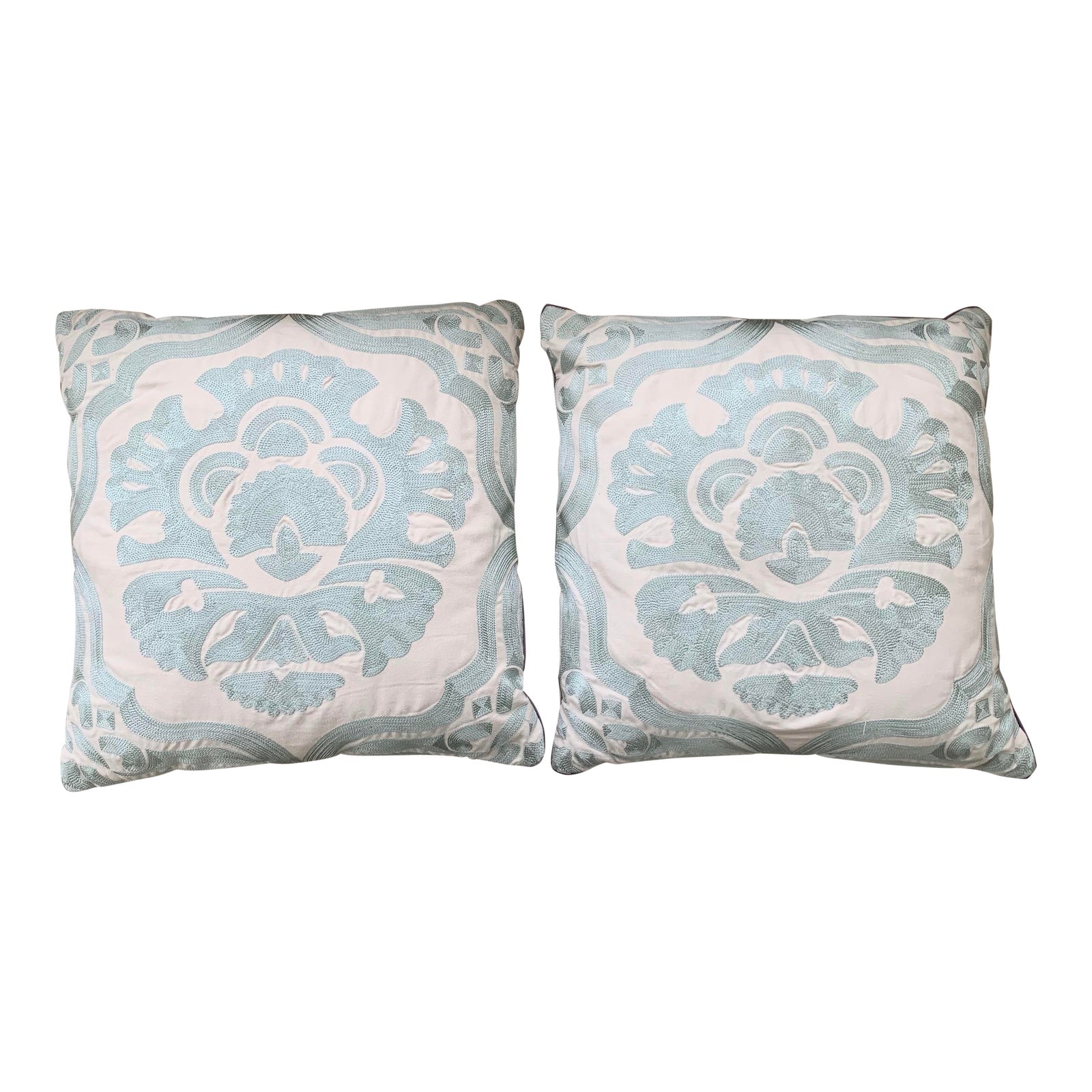 Light Blue Embroidered Pillows - a Pair | Chairish