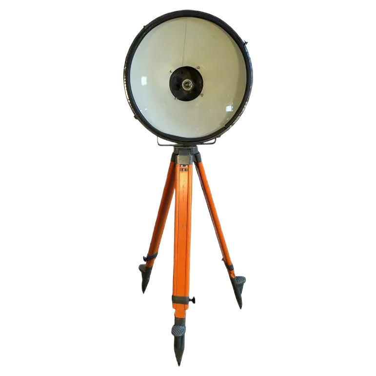 Vintage Grey Factory Spotlight with Wooden Tripod Base | Chairish